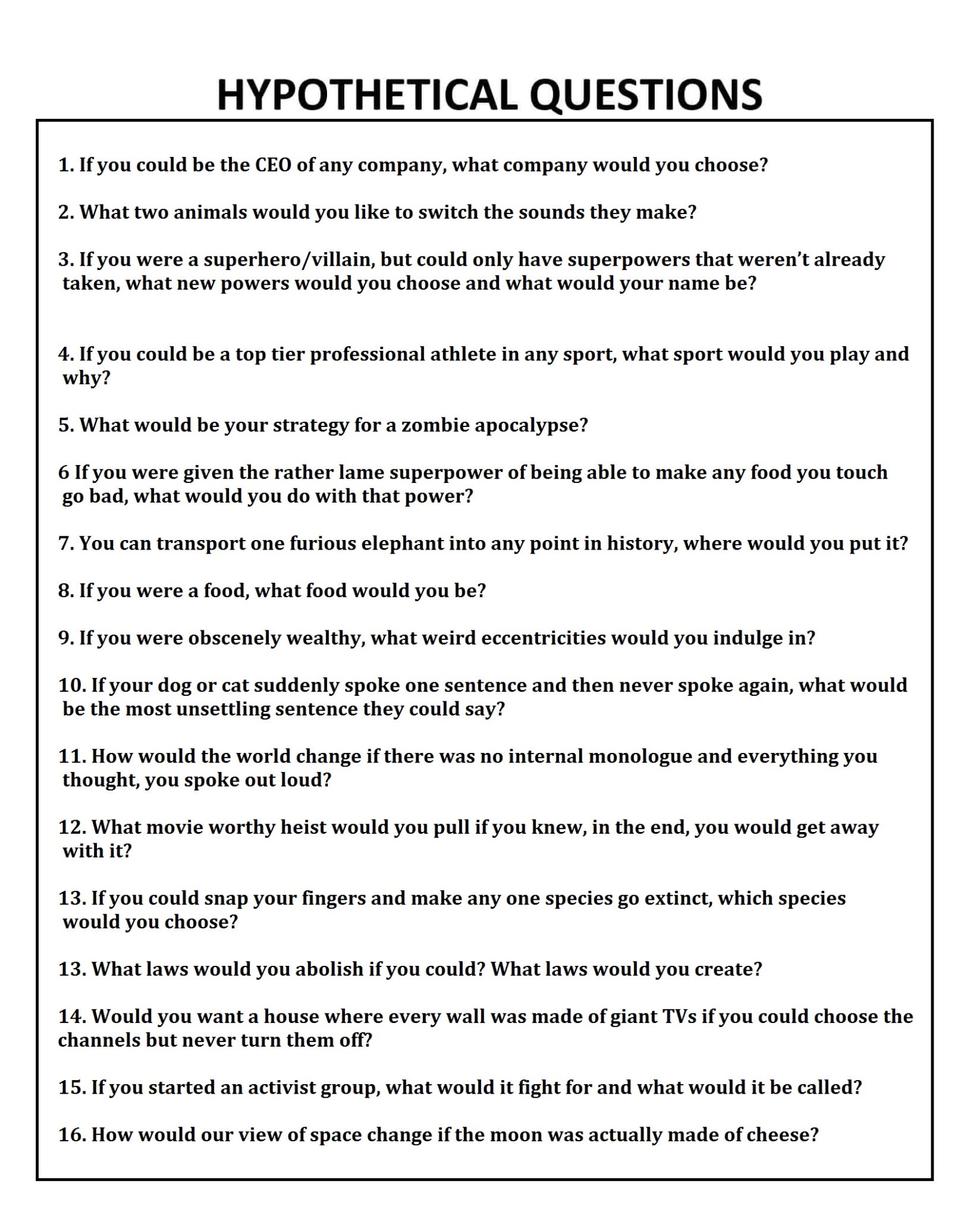 The Only Hypothetical Questions list you need to read!